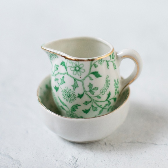 Accents | Miniature Porcelain Pitcher And Bowl Set Green And Gold ...